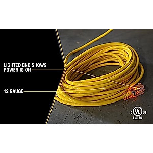 Yellow Jacket 2885 12/3 Heavy-Duty 15-Amp Premium SJTW Contractor Extension Cord with Lighted End, Ideal use With Heavy Duty Equipment and Tools, Durable Molded Plugs, 100 Feet, Yellow