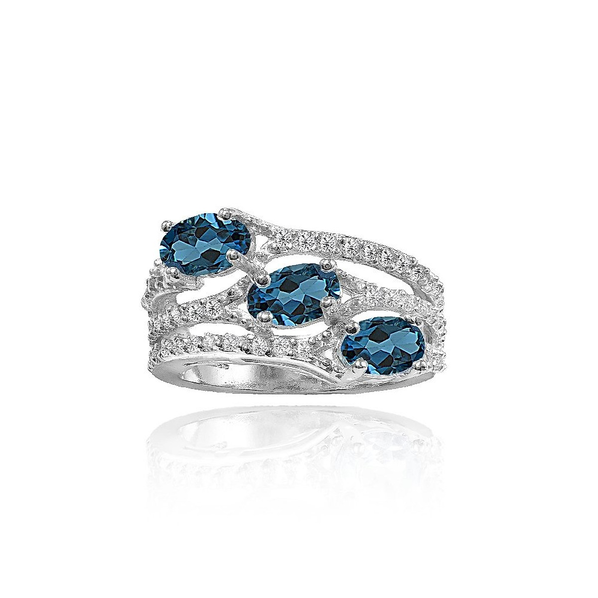 Ice Gems Sterling Silver London Blue Topaz and White Topaz Oval Three Stone Ring, Size 8