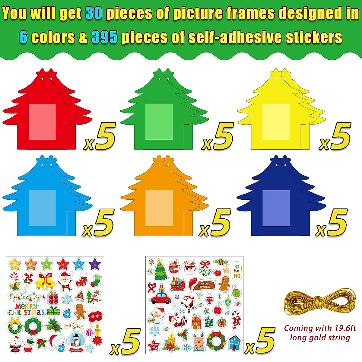 Kepeel 30 Packs Christmas DIY Picture Frames Craft Kit for Kids, Christmas Tree Photo Frames Ornaments for Xmas Winter Holiday Decorations Favor Art Gift Classroom School Home Activities
