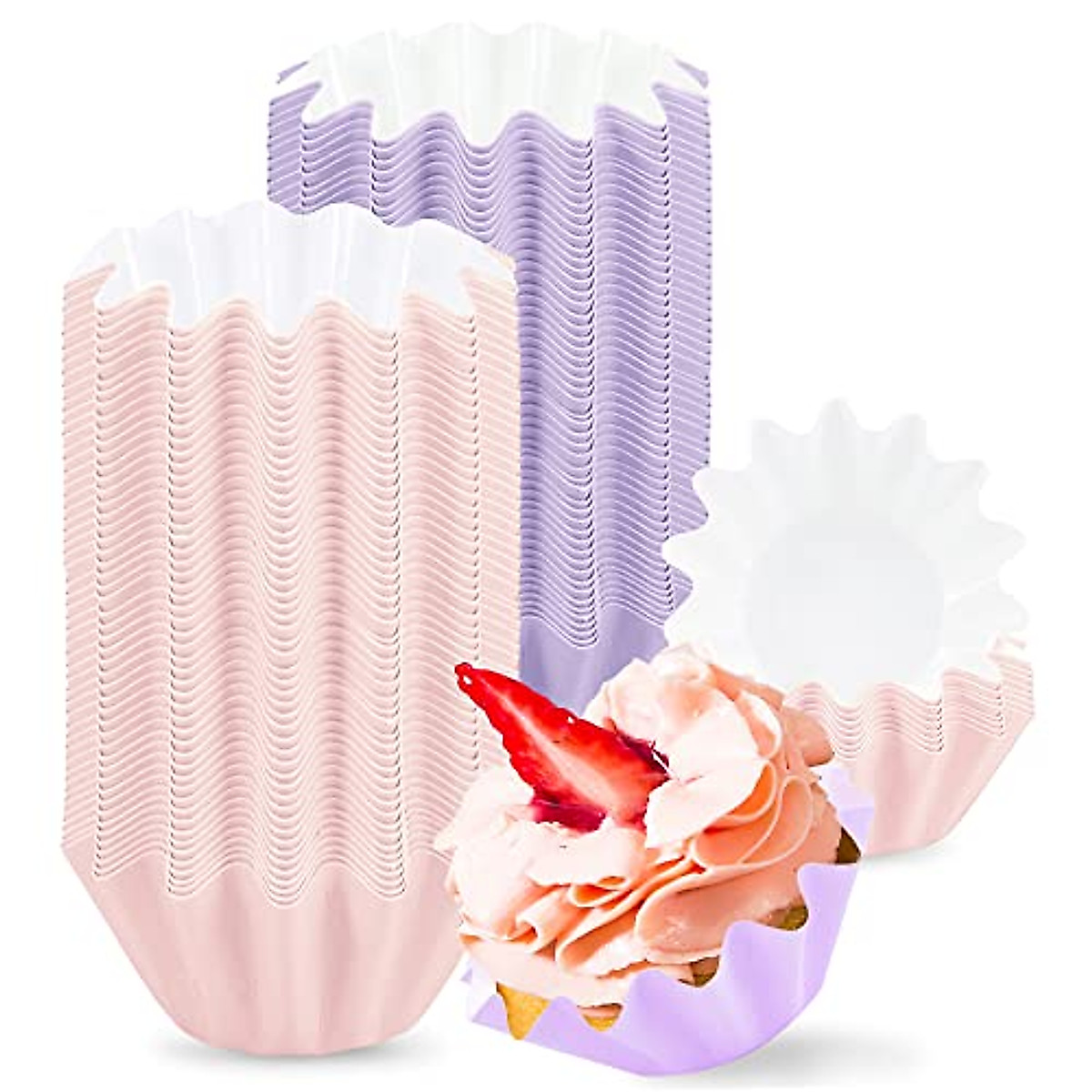 200PCS Wave Cupcake Liners, FULANDL Standard Size Muffin Liners Baking Cups, Greaseproof Coated Cupcake Wrappers for Wedding Birthday Party Baby Shower (100 Purple + 100 Pink)