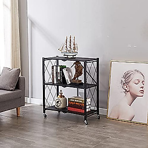 MYDENIMSKY 3 Tier Storage Shelf, Foldable Shelving Units with Wheels, Metal Storage Rack, Wire Shelving Units No Assemble Required, Moving Easily Great for Laundry Garage Kitchen (Fully Fold)