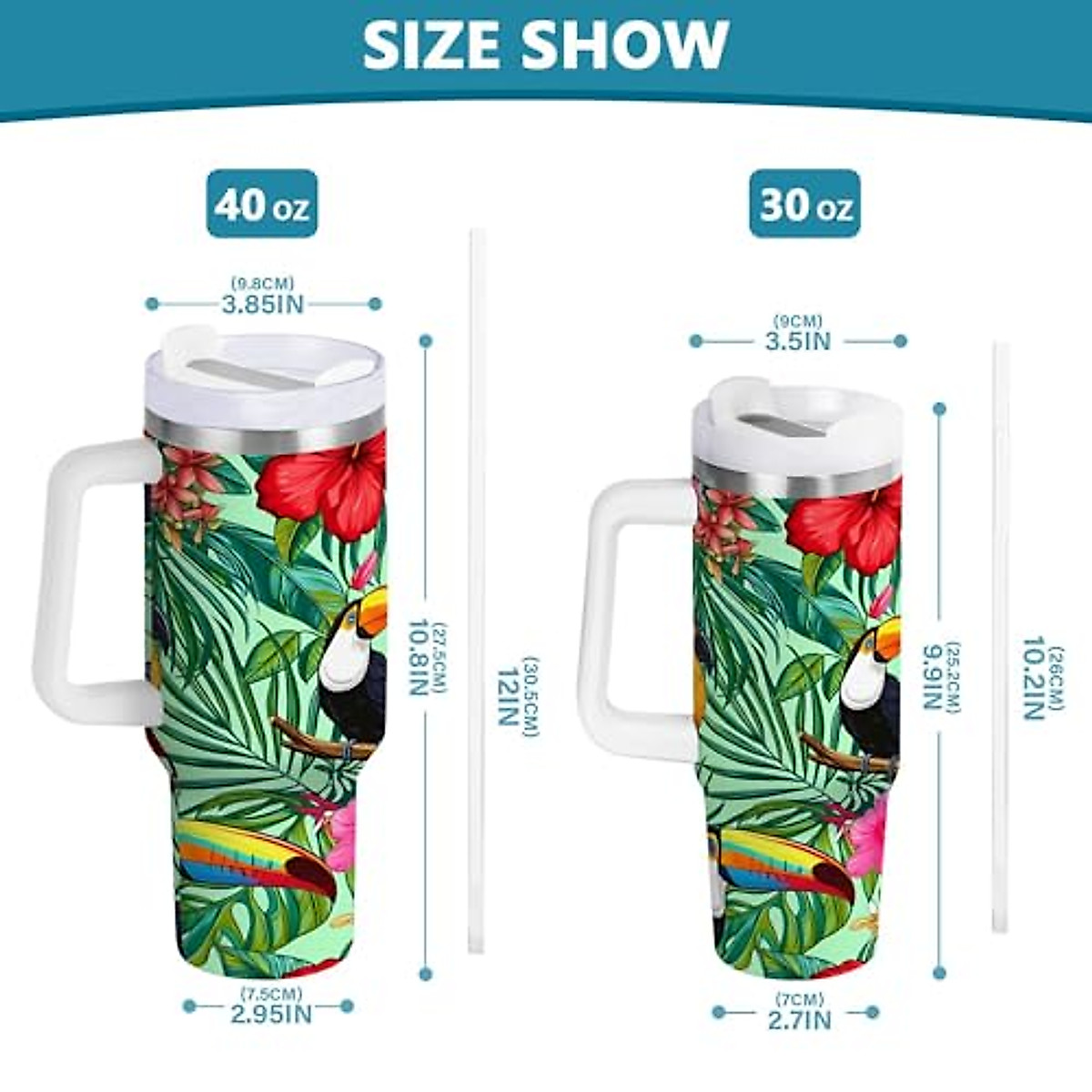 Burbuja Toucans Hibiscus 40oz Insulated Tumblers with Handle and Straw Lid, Double Wall Stainless Steel Travel Mug Leak-Proof, BPA Free, Gift for Mom Dad