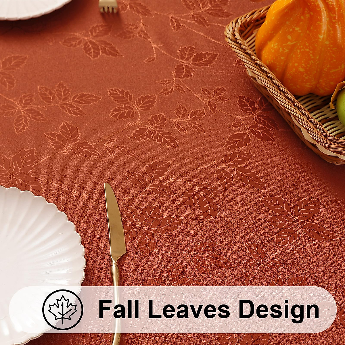 Moosfor Fall Tablecloth Rectangle 60x102 Inch, Waterproof Autumn Leaves Jacquard Table Cloth, Damask Fabric Table Covers for Harvest Parties, and Thanksgiving Decor, Rust/Burnt Orange