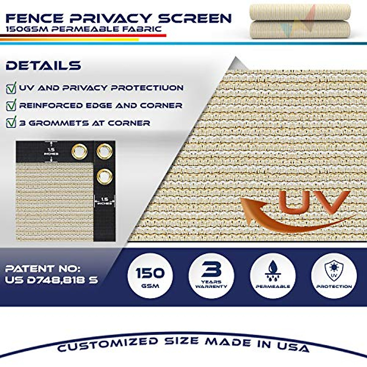 Windscreen4less Heavy Duty Fence Privacy Screen Beige 6' x 40' with Reinforced Bindings and Brass Grommets Garden Windscreen Mesh Net for Outdoor Yard-Cable Zip Ties Included