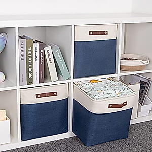 HNZIGE Baskets Fabric Storage Cubes Bins Baskets(3 Pack)Storage Baskets Cube for Shelf, Large Collapsible Organizer Closet Baskets,13x13 Toy Baskets with Leather Handle for Kids, Home, Clothes, Shelf(White&Blue)