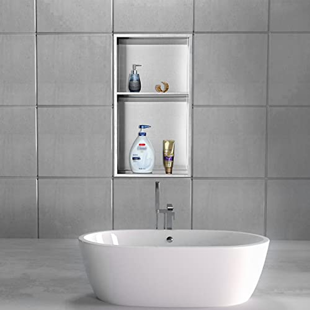 Neodrain No Tile Shower Niche, Stainless Steel Bathroom Shelf 25.1"x13.1" (Inner Size 24" X 12"), Two-Tier Stainless Niche, Bathroom Niche Cubby for Storage, No Tile Needed Recessed, (Brushed)