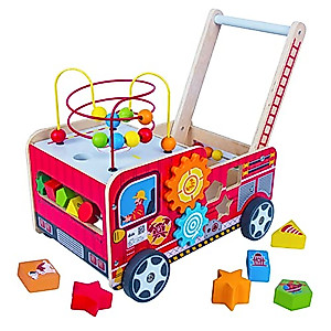 KIDS TOYLAND Wooden Baby Walker with Bead Maze for 1 Year Old and up, Wooden Push Toy for 12 Month, Wooden Cart with Blocks