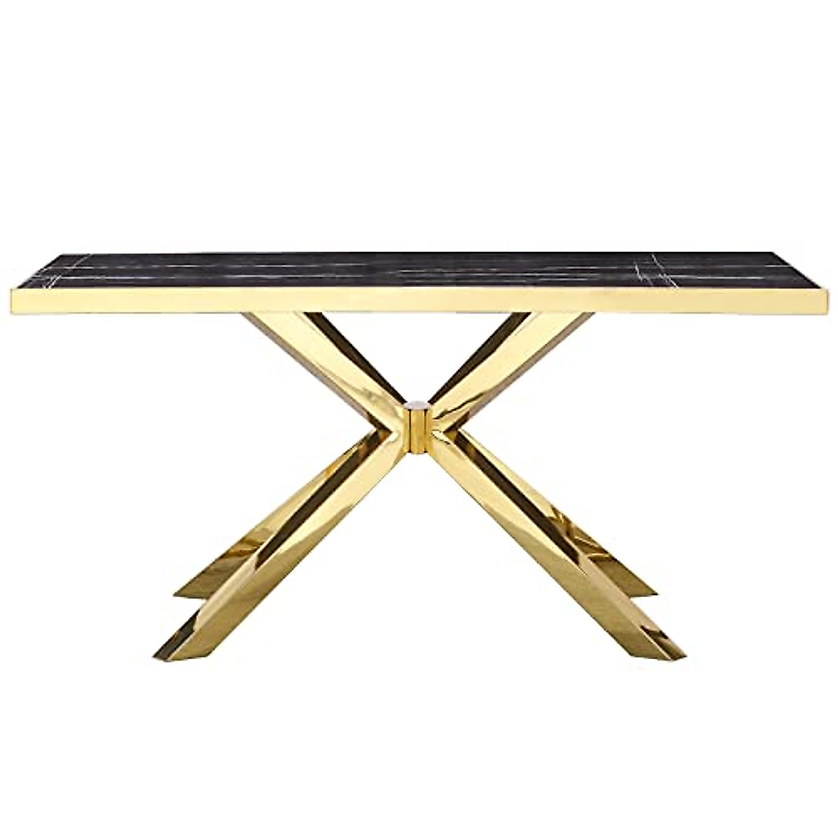 AZhome Modern Dining Room Table with Gold Stainless Steel Metal X-Base in Black Gold