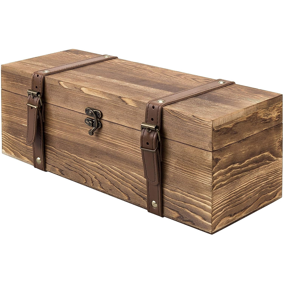 MyGift Vintage Brown Wood Single Wine Bottle Holder Gift Box with Leatherette Buckle Straps and Locking Latch
