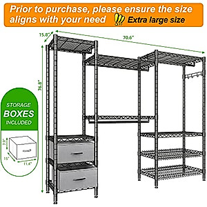 KnnJe S8 Portable Wardrobe Rack Heavy Duty Clothes Rack with 2 Shoes Racks & Fabric Drawers, 1 side hook, Metal Clothing Racks for Hanging Clothes, 70.6" L x 15.8" W x 76.8" H, 816lbs Max Load, Black