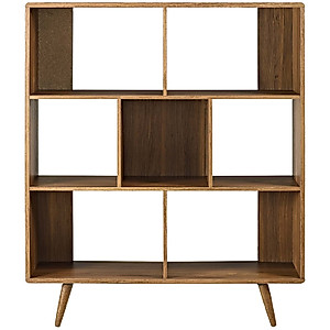Modway Transmit Mid-Century Offset Cube Wood 7 tier Bookcase in Walnut