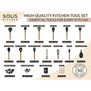 Sous Kitchen Silicone Kitchen Utensils Set & Silicone Cooking Utensils - Kitchen Silicon Utensil Set Wooden Handles - Cooking Utensil Set & Baking Essentials - 30 pcs Silicone Spoons for Cooking