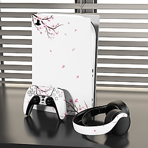 PlayVital Skin Decal for ps5 Console Disc Edition, Full Set Sticker Wrap Vinyl Decal Cover for ps5 Controller & Charging Station & Headset & Media Remote - Falling Cherry Blossom