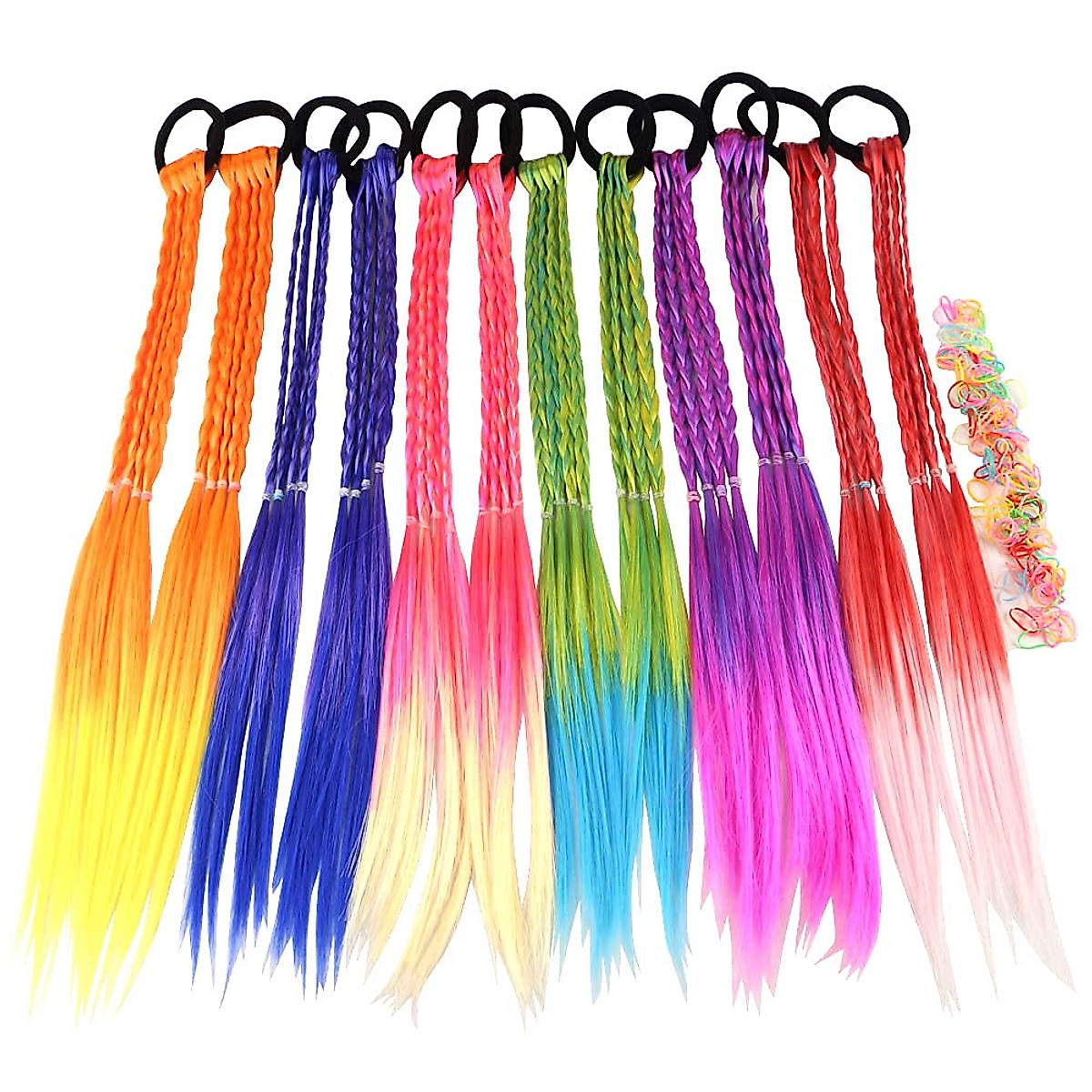 Colored Braids Hair Extensions with Rubber Bands Rainbow Braided Synthetic Hairpieces Ponytail Hair Accessories for Women Kids Girls Party Highlights Cosplay Dress Up (12PCS A Style)