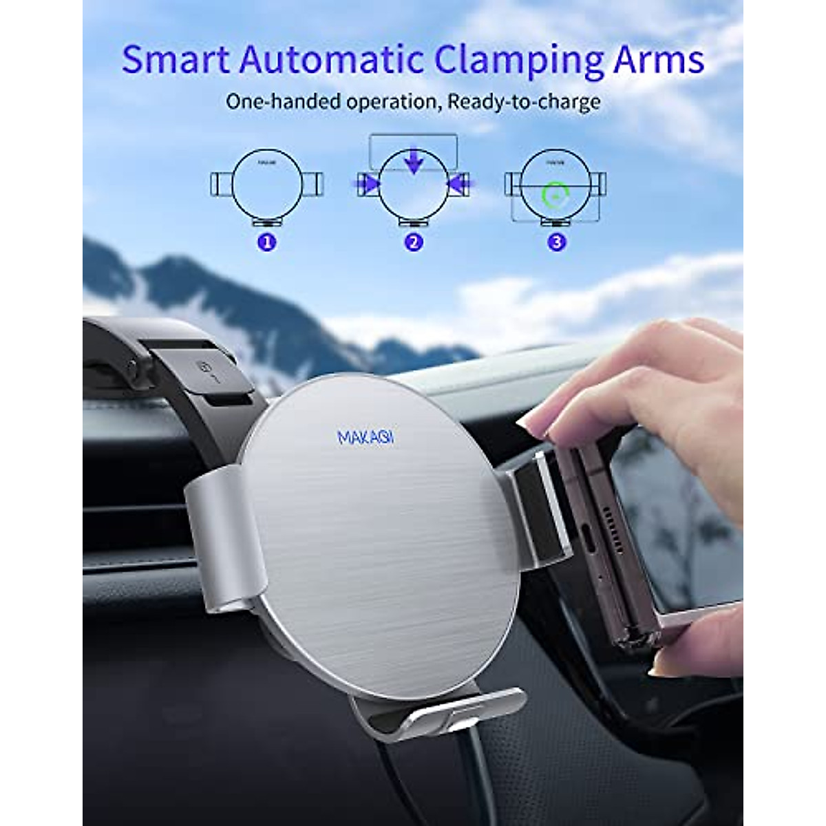 MAKAQI Wireless Car Charger for Galaxy Z Fold 4/3/2, Dual Coil Auto Clamping Wireless Car Charger Mount for iPhone 14/13/12/11 Pro Max/X, Fast Charging Car Holder for Galaxy Z Fold