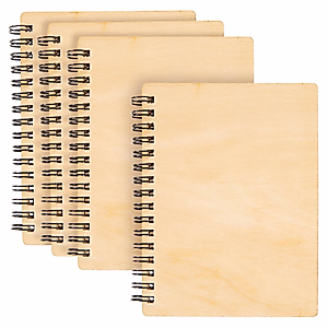 4 Pack Wooden Cover Notebook, Spiral Bound Unruled Plain DIY Craft Journal for Students, Sketches, Writing, Arts and Crafts, Note Taking, 20 Sheets Each (4.5 x 5.8 Inches)