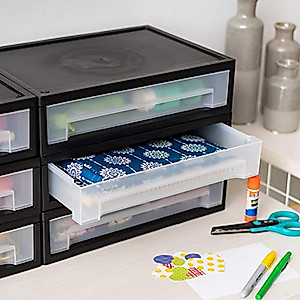 IRIS USA Medium Desktop Stacking Drawer, 6-Pack, Sliding Plastic Drawer Storage Container for Stationery Art Craft Supplies Fabric Tools Kitchen Pantry Office and Garage Organization, Black