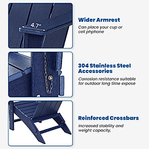 Folding Adirondack Chair Set of 2 with Table Weather Resistant Foldable Fire Pit Chairs HDPE Outdoor Adirondack Chair for Patio Front Porch Pool Garden Deck Fire Pit Outside, Navy Blue