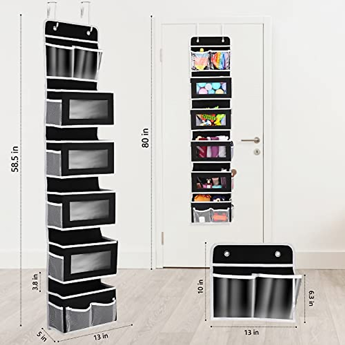 Meirenda Over the Door Hanging Organizer with 5 Large Clear Window Nursery Closet Baby Wall Mount Hanging Door Organizer Storage for Bedroom, Bathroom, Kitchen, Closet and Dorm with 19 Pockets (Black)