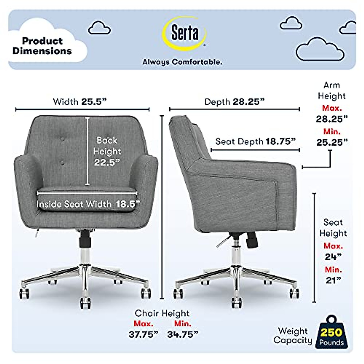 Serta Ashland Ergonomic Home Office Chair with Memory Foam Cushioning Chrome-Finished Stainless Steel Base, 360-Degree Mobility, Fabric, Grey