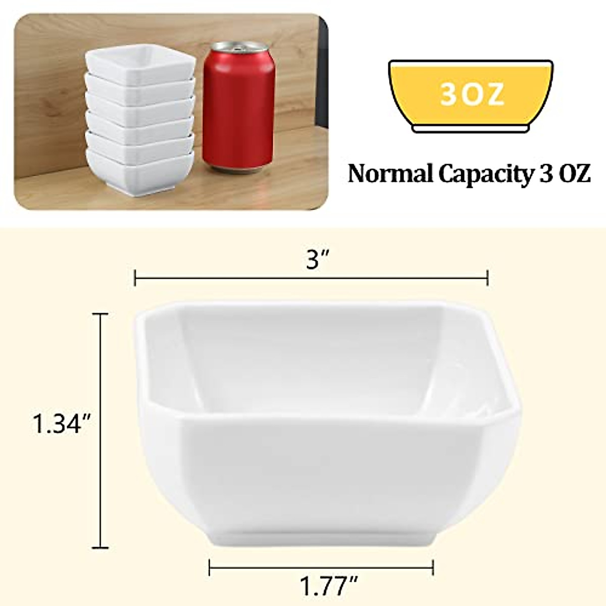 Yedio 3 Oz Dipping Sauce Bowls Ceramic Small Dip Bowls, Mini Serving Bowl for Side Dishes Sushi Soy Sauce Snack ketchup BBQ Charcuterie Condiment, Square White Porcelain Cups, Set of 6