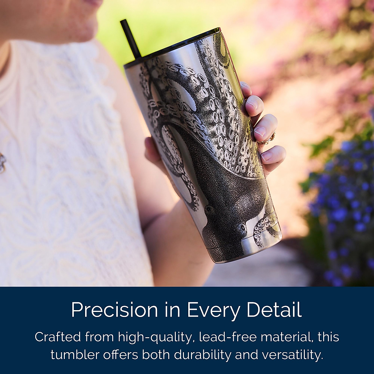 Caskata Lucy the Octopus Stainless Steel Insulated Tumbler | Cup, Lid & Straw Set for Travel, Commuting, & School | Perfect for Birthday, Christmas & Holiday Gifts | Black on Chrome Color | 30 oz