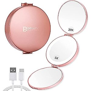 B Beauty Planet 20X Magnifying Mirror with Light, 20X/5X/1X Travel Lighted Makeup Mirror,Portable LED Compact Mirror,Handheld Folding Rechargeable Ring Light Mirror(4inches, Rose Gold)