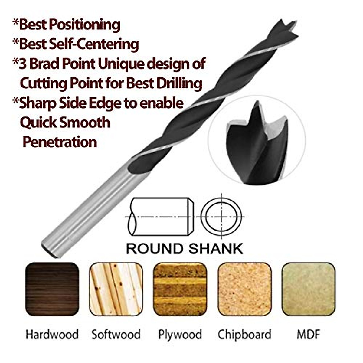 Brad Point Drill Bit Set 5/16 Inch 5Pcs Spur Point Stubby Woodworking Drill Bits