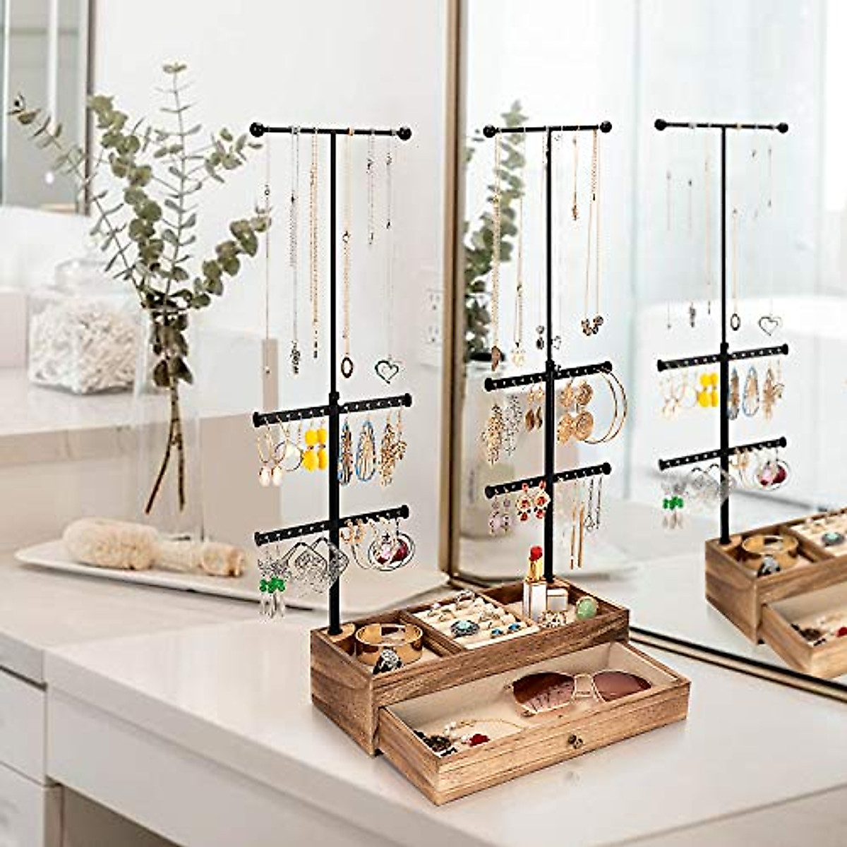 Emfogo Jewelry Organizer Stand Wood Basic Jewelry Drawer Storage Box with Double Rods & 6 Tier Jewelry Tree Stand Holder for Necklaces Bracelet Earring Ring Display(Carbonized Black)
