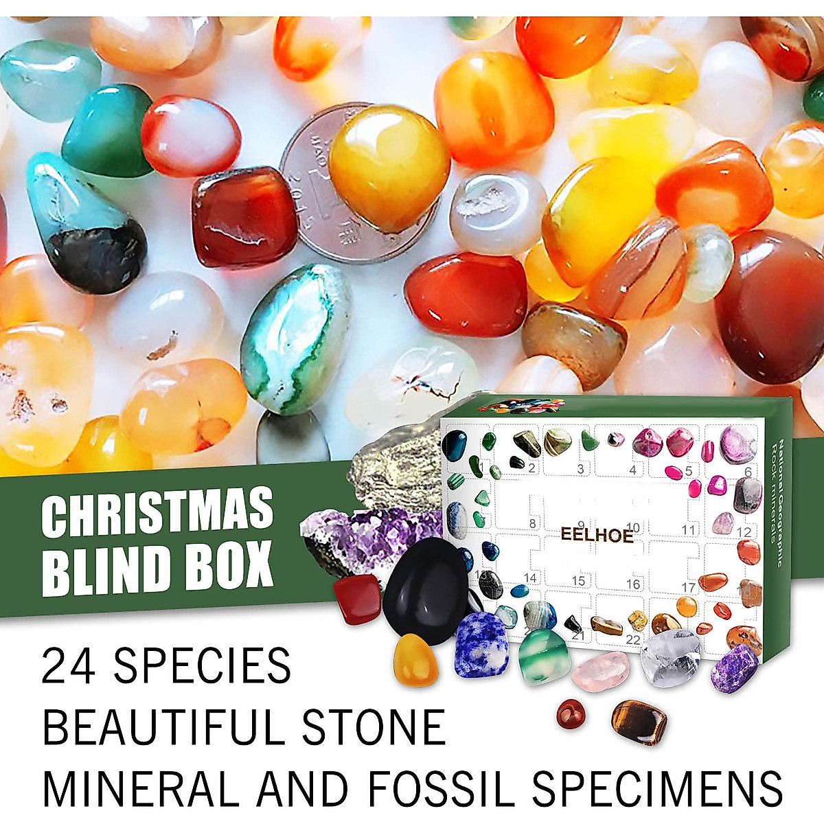 Healing Crystal Advent Calendar,Kids with Rock Collections Pebbles Polished Gravel Christmas Countdown Calendars for Christmas Home Garden Decoration, Surprise Gift Box