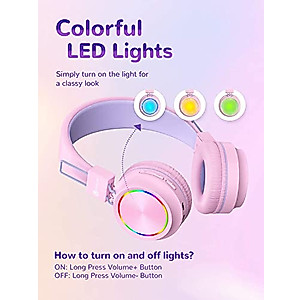 iClever BTH03 Kids Bluetooth Headphones Safe Volume, Colorful LED Lights, 25H Playtime, Stereo Sound Mic, Bluetooth 5.0, Foldable, On Ear Kids Wireless Headphones for Tablet Airplane (Pink)