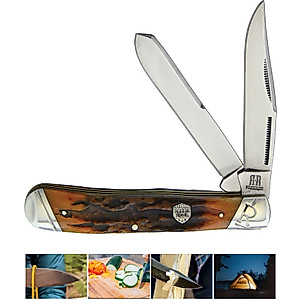 Rough Rider Brown Stag Bone Handle Trapper Stainless Open Folding Blades Pocket Knife 1789 Outdoor Survival Hunting Knife for Camping by Survival Steel