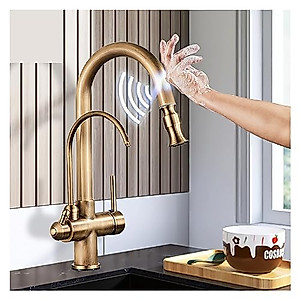 Touch Sensor Filtered Water Kitchen Faucet Antique Brass Spout Mixer Faucet with Swivel Pure Water Crane for Kitchen(Black Gold)