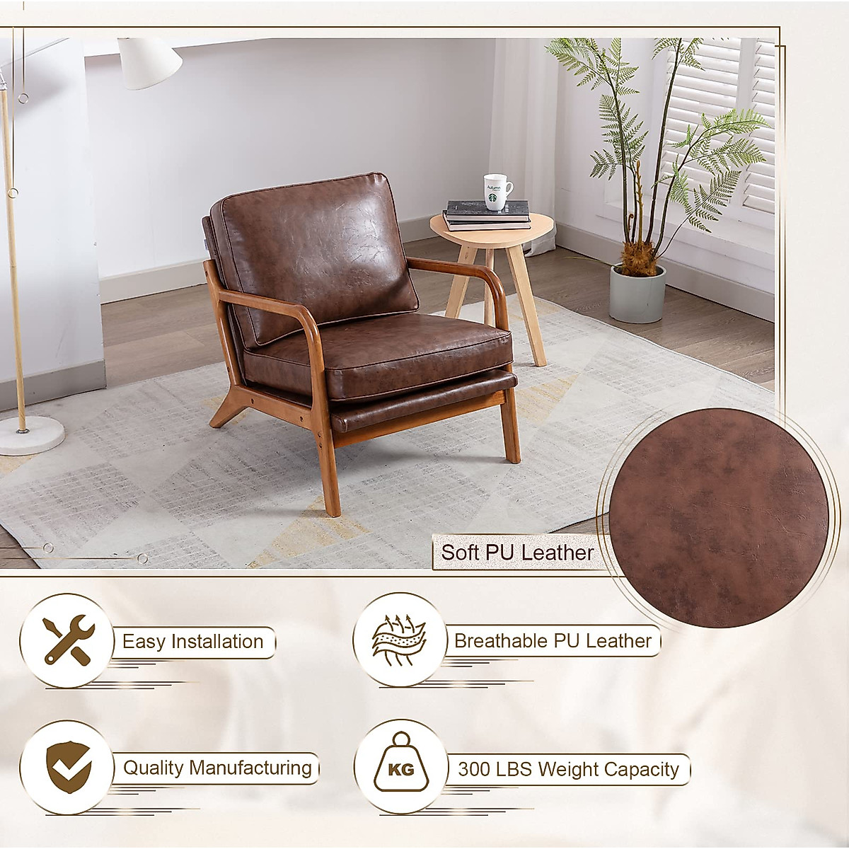 Upholstered Mid Century PU Leather Accent Chair, Comfy Lounge Armchair with Thicken Cushion, Modern Wooden Arm Chair, Sturdy Reading Chair for Living Room, Bedroom, 300 LBS Weight Capacity, Brown