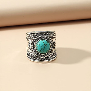 Dtja Vintage Boho Turquoise Wide Statement Ring for Women Girls Oxidized Silver Plated Big Open Band Wrap Adjustable Expandable Finger Rings Comfort Fit Fashion Bohemian Ethnic Exaggerated Jewelry