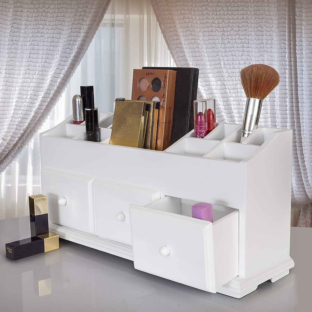 Makeup Organizer with Drawers, Wooden Cosmetic Beauty Storage Box for Home and Office Vanities, Countertop Organizer for Cosmetics and Makeup Tools, Vanity Holder for Lipstick Brushes Lotions, White