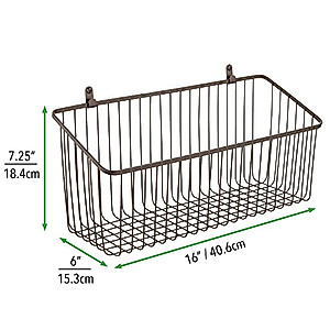 mDesign Portable Metal Farmhouse Wall Decor Angled Storage Organizer Basket Bin for Hanging in Entryway, Mudroom, Bedroom, Bathroom, Laundry Room - Wall Mount Hooks Included, Large - 2 Pack - Bronze