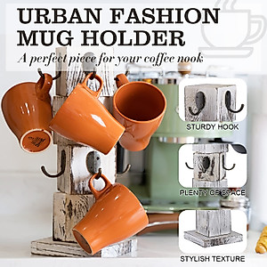 LIERONE 8 Hooks Coffee Mug Holder for Counter Rustic Solid Wood Mug Tree Farmhouse Wooden Coffee Cup Rack Distressed Mug Stand (White)