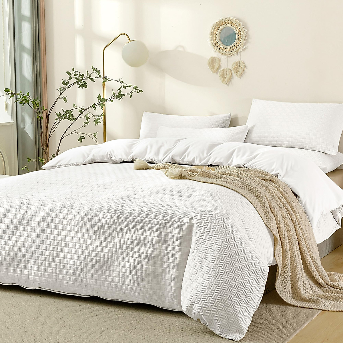 JELLYMONI White Duvet Cover King Size - 3 Pieces Soft and Breathable Microfiber Knitted Jacquard Waffle Weave Striped Comforter Cover with 8 Corner Ties & Zipper Closure