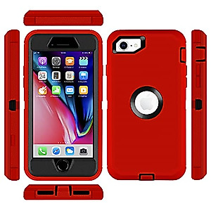 iPhone SE 2020/2022 3-in-1 Full Body Case, Built-in Screen Protector, Shockproof TPU & Hard PC Bumper, Drop-Proof Shell - Red/Black