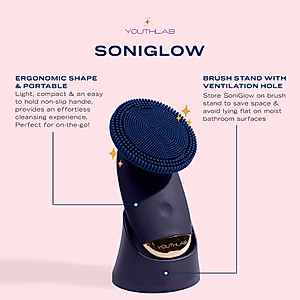 YouthLab SoniGlow, Navy, Silicone Facial Skin Cleansing Brush, Electric, Vibrating, Scrubber, Hygienic, Exfoliation, Massage, Firm, Tone, Blackheads, Pores, Waterproof, Rechargeable, Makeup Removal
