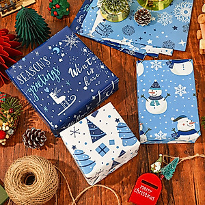 AnyDesign 12 Sheet Christmas Wrapping Paper Blue White Winter Gift Wrap Paper Bulk Snowman Snowflakes Xmas Tree Art Paper, 27.6 x 19.7 Inch, Folded Flat