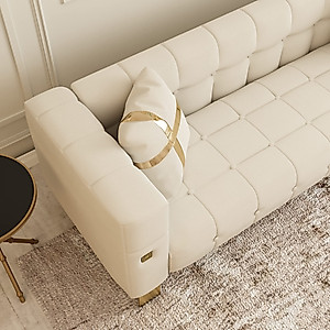 MoLiFaning 89" Modern Chesterfield Velvet Sofas Mid Century Modern Button Tufted Velvet Couches with 2 Pillows and Gold Legs,for Living Room Apartment Bedroom Office Beige
