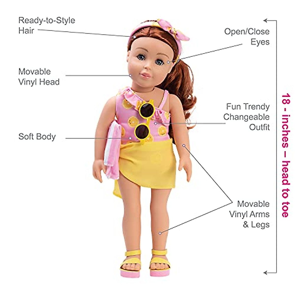 ADORA Amazon Exclusive Amazing Girls Collection, 18” Realistic Doll with Changeable Outfit and Movable Soft Body, Birthday Gift for Kids and Toddlers Ages 6+ - Sasha in Citrus Sweet