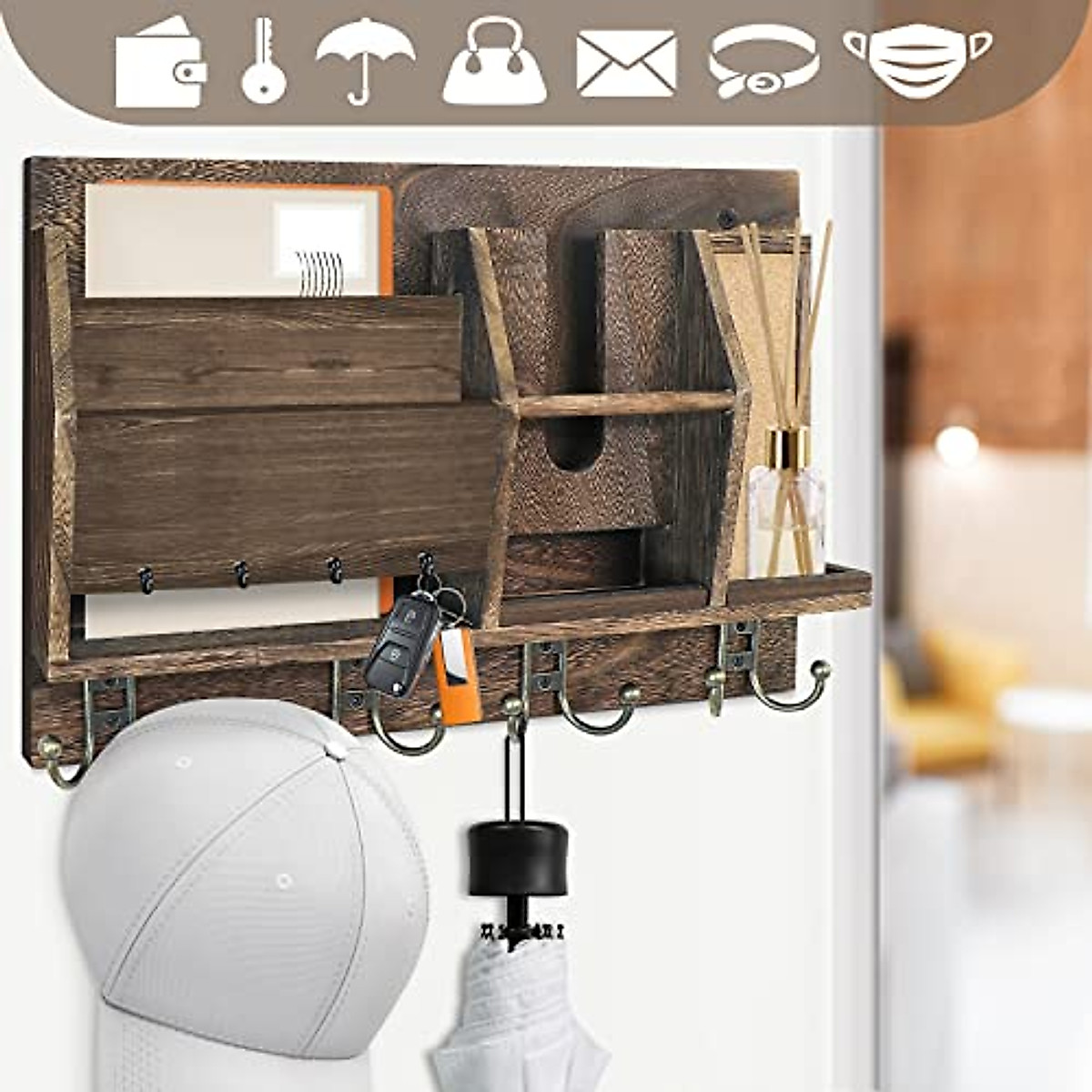 Wooden Key Holder for Wall, Mail Organizer Wall Mount with 4 Key Hooks, Wall Mounted Hanging Keys Rack with Sunglasses Storage, Rustic Home Decor for Entryway