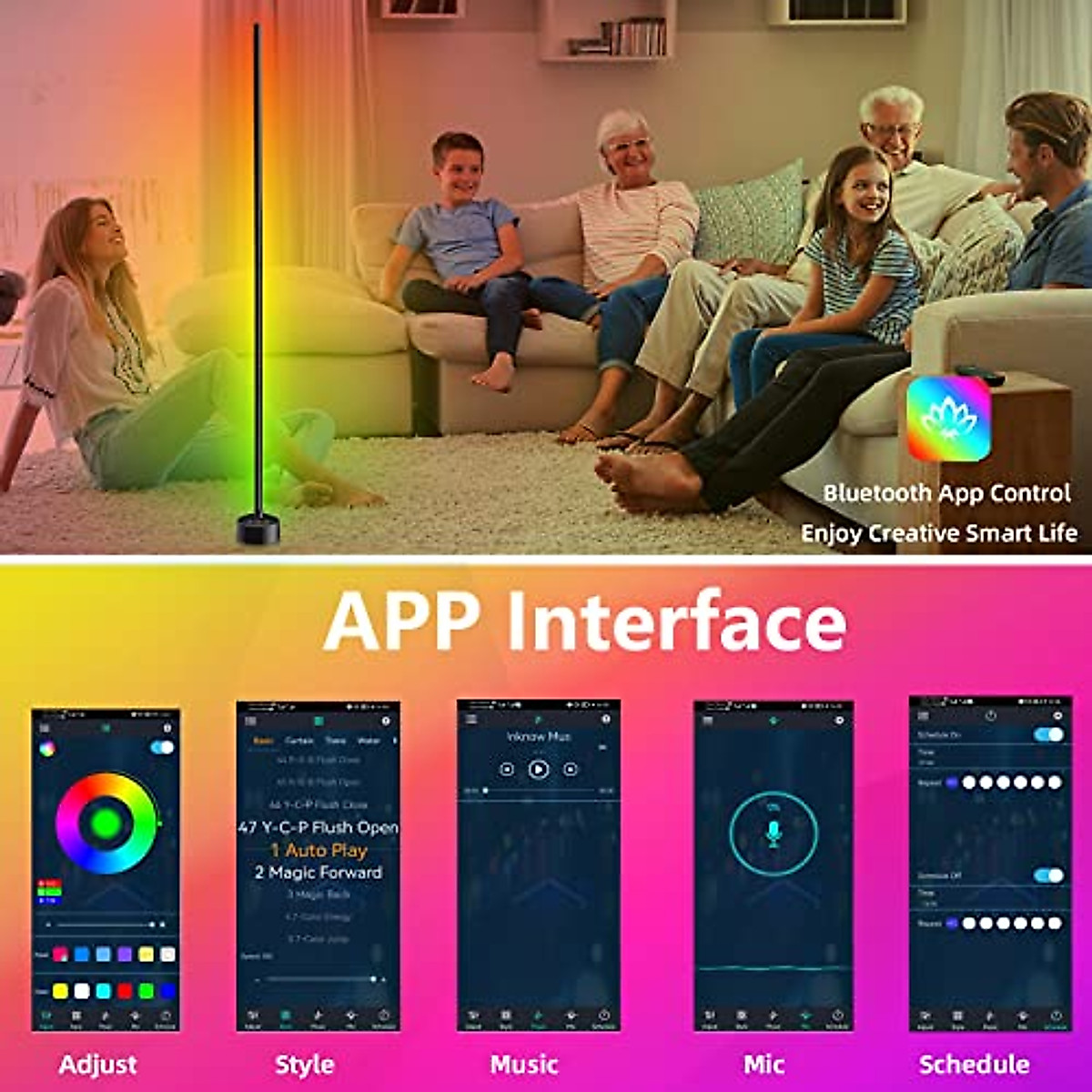 Probapro Corner Floor Lamp, 55'' RGB LED Floor Light for Bedroom, Color Changing Mood Lighting with Music Sync, LED Corner Light with Remote & App Control, RGB Corner Lamps for Living Room Gaming Room