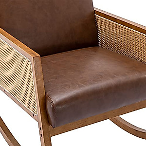Haplized Brwon Leather Rocking Chair, Modern Rattan Armrests Accent Chair with Padded Seat and High Backrest, Comfy Rocker for Nursery, Living Room, Bedroom