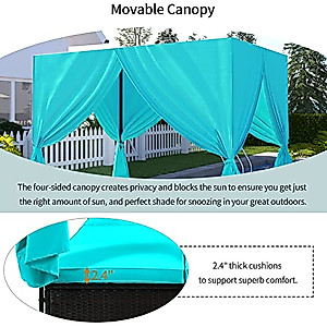 XD Designs Outdoor Patio Wicker Sunbed Daybed with Side and Overhead Curtains, UV-Proof Resin PE Rattan Adjustable Seats for Balcony Garden Backyard Poolside (Blue-1)