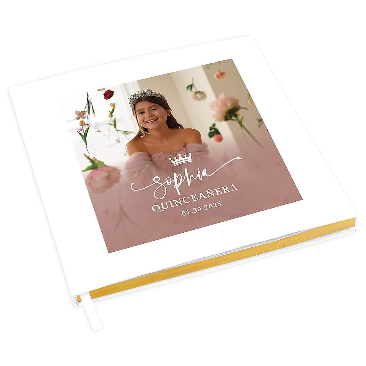 Andaz Press Personalized Quinceañera Guest Book with Gold Accents, Custom Photo White Script 120 Pages 8.5"x8.5" Hard Cover Photo Album for Mis Quince Años XV Sweet 15th Birthday Decorations, 1-Pack