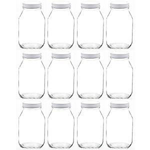 North Mountain Supply 32 Ounce Quart Glass Regular Mouth Mason Canning Jars - With White Safety Button Lids - Case of 12